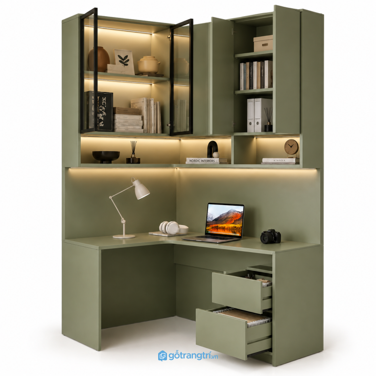 Bàn làm việc góc chữ L liền tủ treo màu xanh olive GHS-4005 - Gỗ Trang Trí